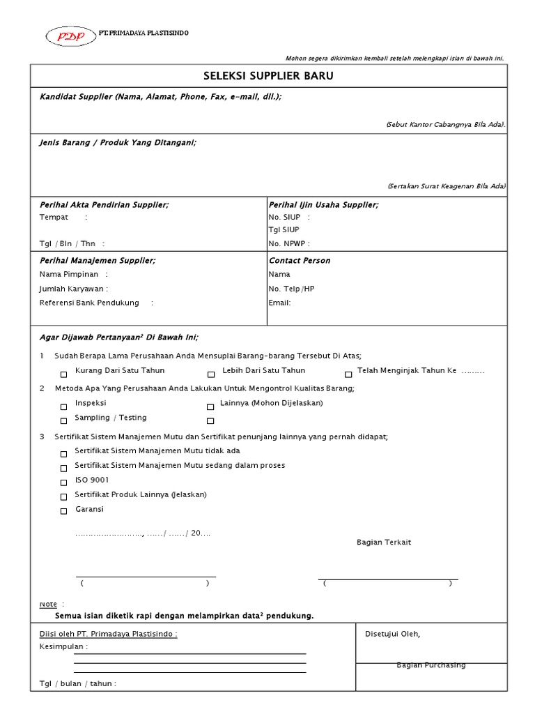 Form Seleksi Supplier Baru | PDF