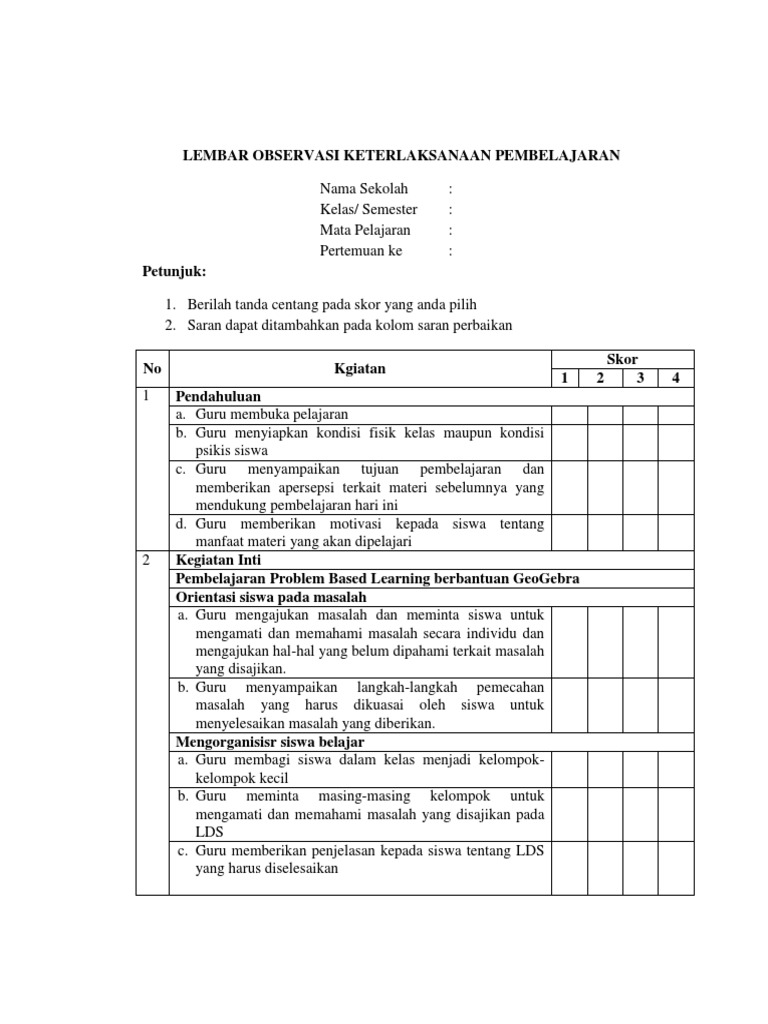 Lembar Observasi Keterlaksanaan Pembelajaran | PDF