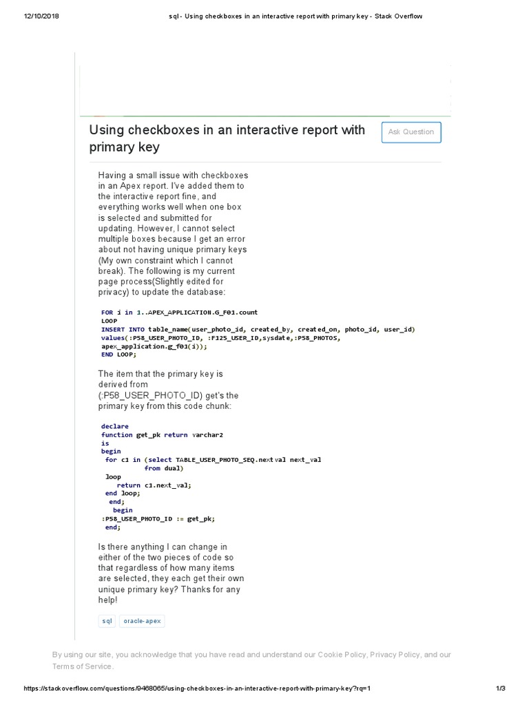 SQL - Using Checkboxes in An Interactive Report With Primary Key - Stack Overflow | PDF ...