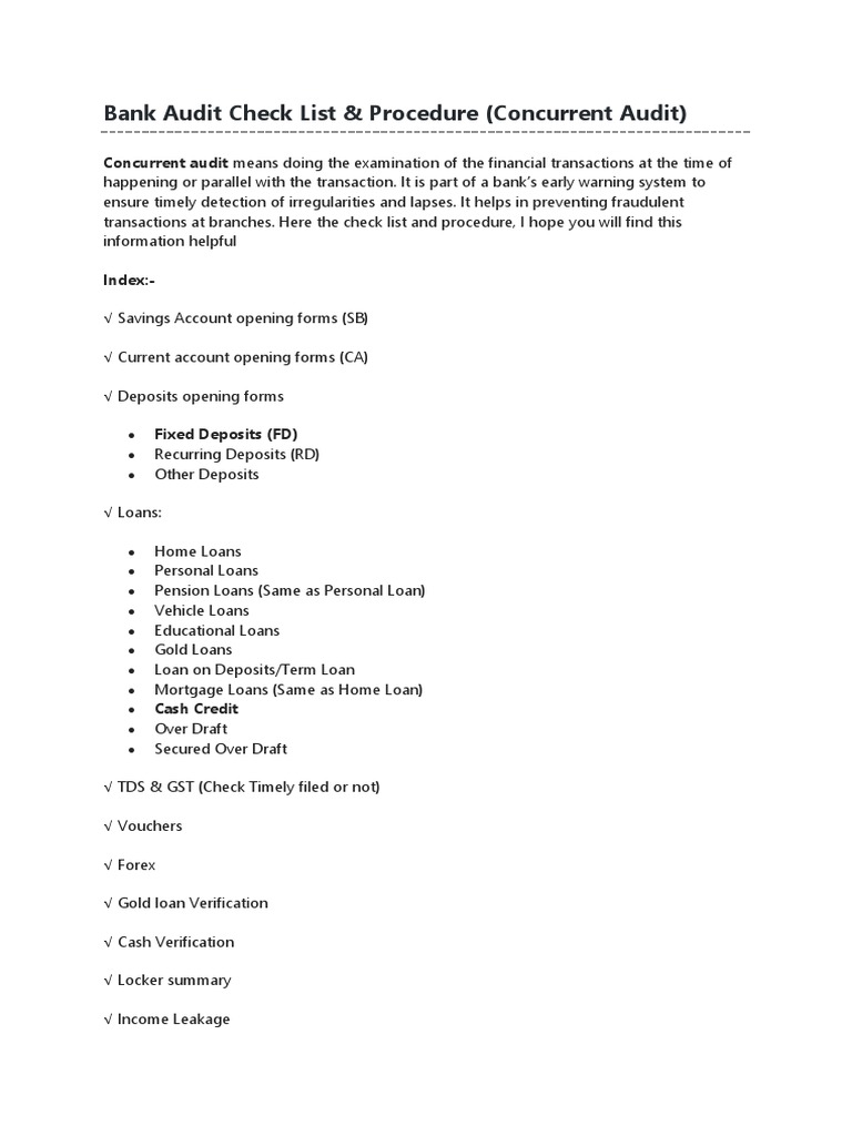 Bank Audit Checklist for Concurrent Transactions | PDF | Loans | Banks