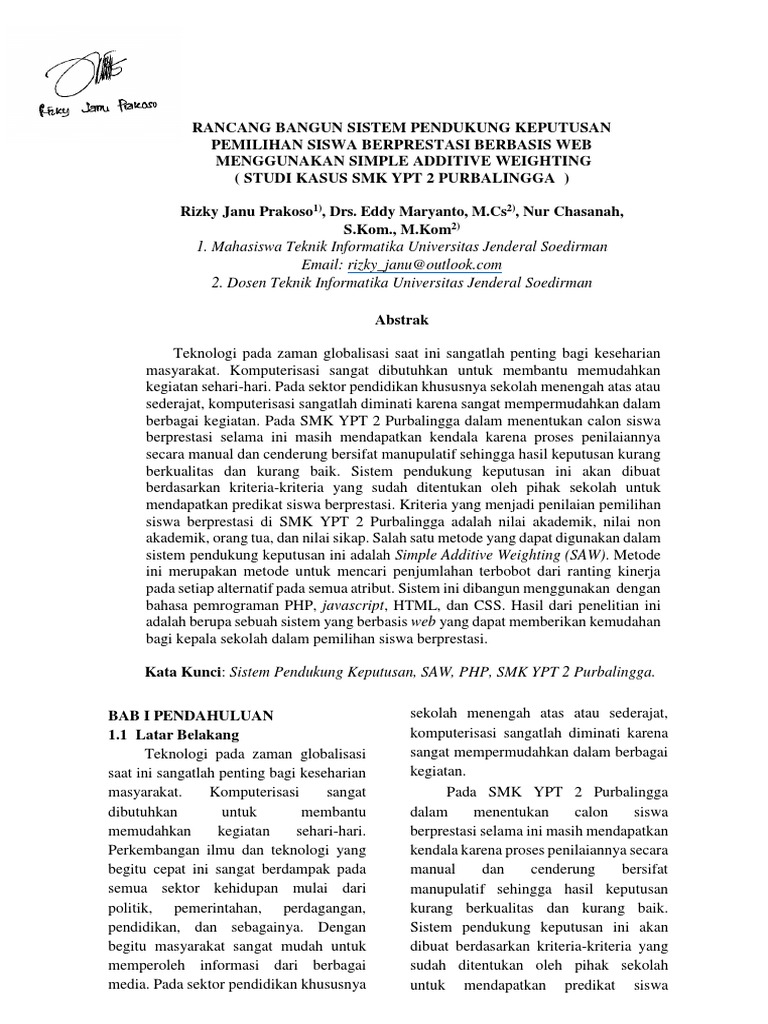 RANCANG BANGUN SISTEM PENDUKUNG KEPUTUSAN PEMILIHAN SISWA BERPRESTASI BERBASIS WEB MENGGUNAKAN ...