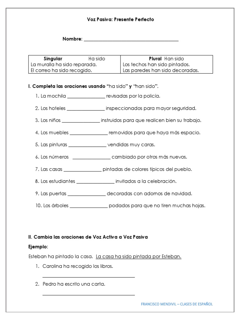 Voz Pasiva Presente Perfecto Antepresente Ejercicios de Gramatica ...