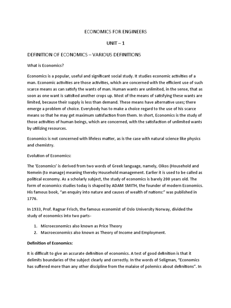 Economics For Engineers Unit - 1 Definition of Economics - Various ...
