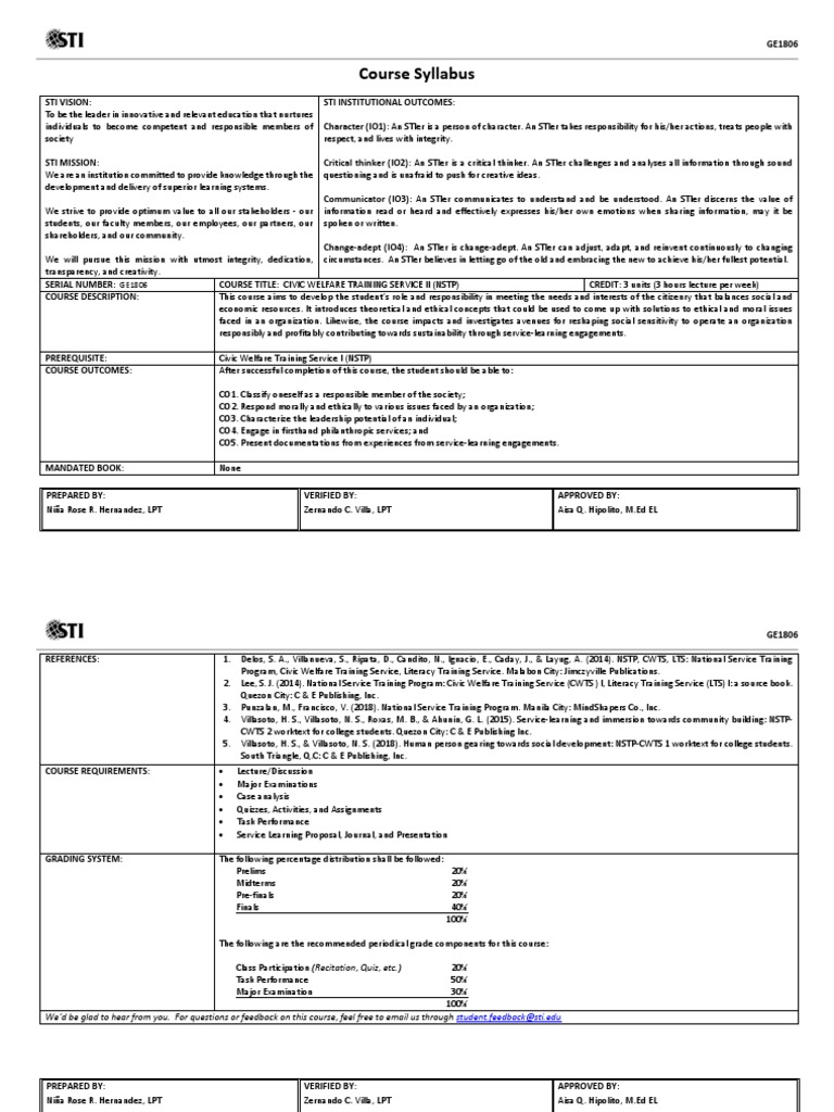 Civic Welfare Training Service II Syllabus | PDF | Service Learning ...