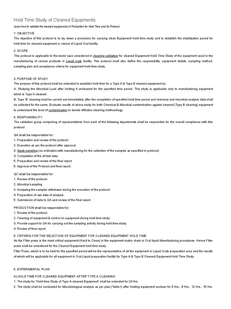 Hold Time Study of Cleaned Equipments | PDF | Microorganism | Nature