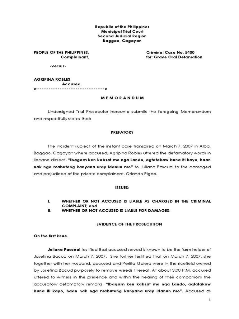 Memorandum Example | PDF | Defamation | Testimony