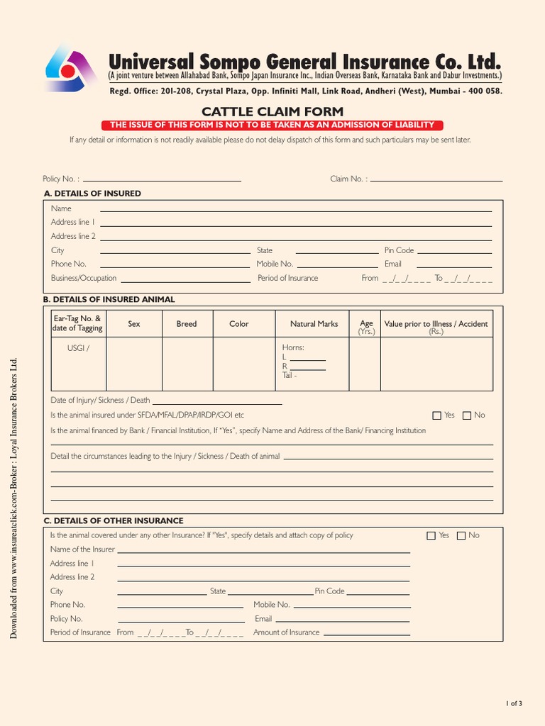 Universal Sompo Cattle Insurance Claim Form PDF | PDF | Insurance ...