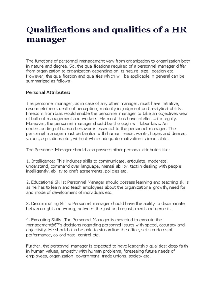 Qualifications and Qualities of A HR Manager | PDF | Employment | Human ...