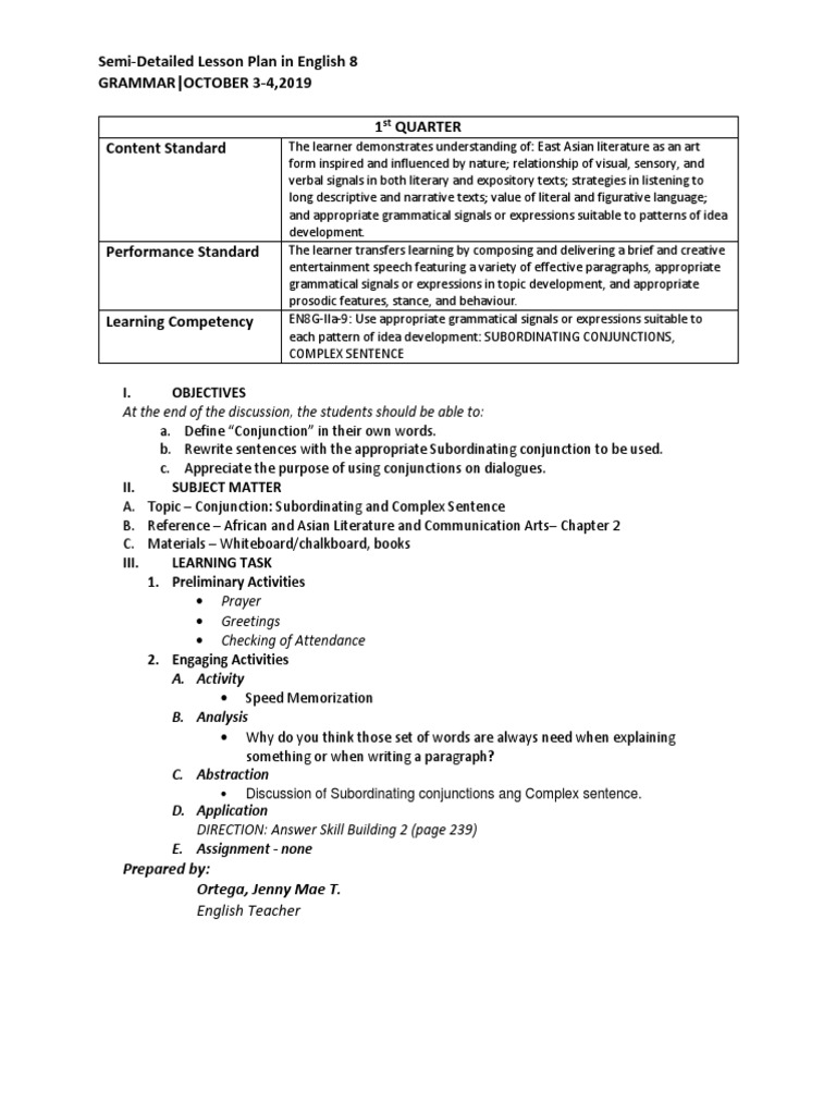 L.OCT3-4 (Subordinating Conjunctions) 8 | PDF | Lesson Plan | Learning
