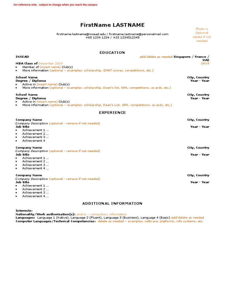Mba-Cv-Template 19D For INSEAD Website | PDF | Educational Assessment ...