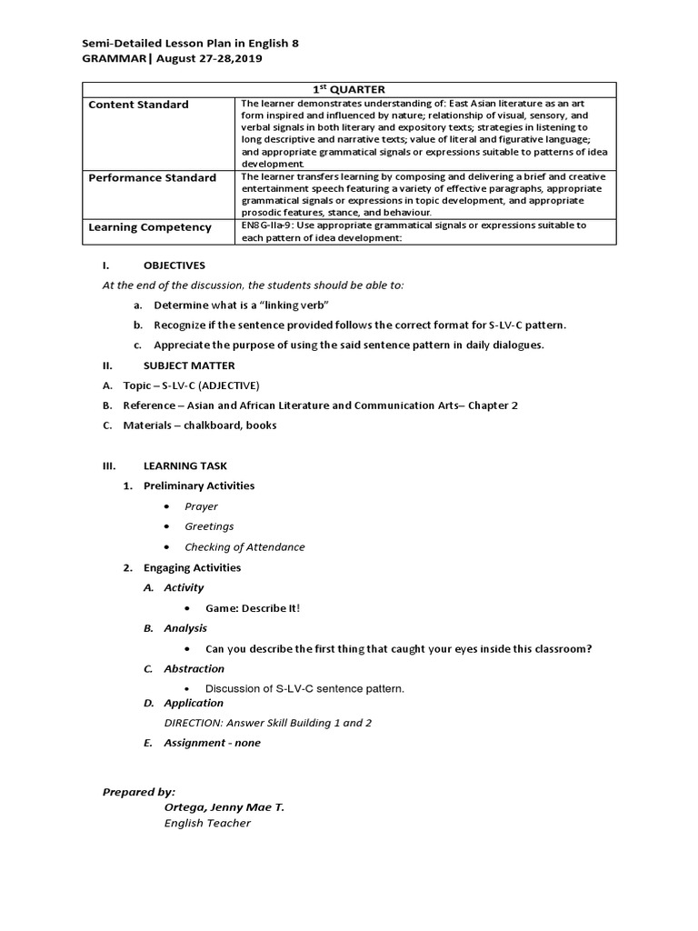 K.AUG27-28 (S-LV-C Pattern - Adjective) | PDF | Lesson Plan | Human ...