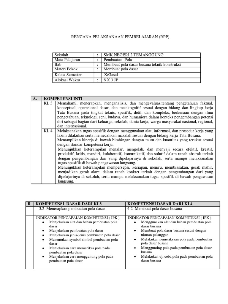 RPP PEMBUATAN POLA DASAR BUSANA Fix | PDF