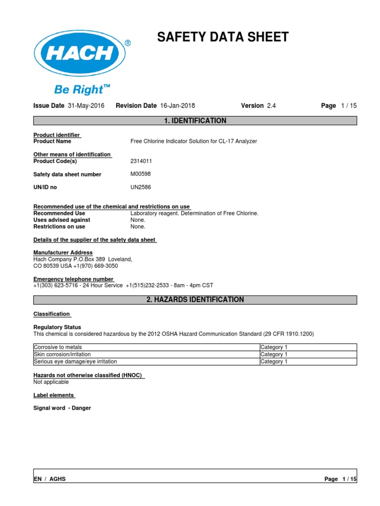 Free Chlorine Indicator Solution For CL 17 Analyzer - GHS - en - 2018 ...