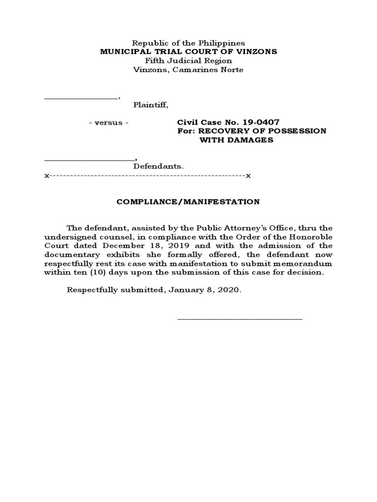 Written Manifestation To Rest Case | PDF