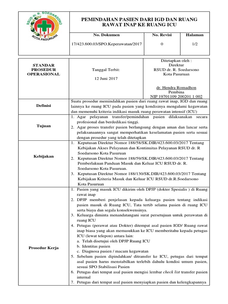 SPO B Pemindahan Pasien Dari IGD Dan Ruang-Rawat-Inap-Ke-Icu | PDF