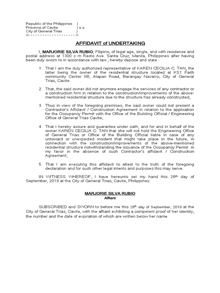 Affidavit of Undertaking - No Contractor (Residential) RUBIO Blank ...