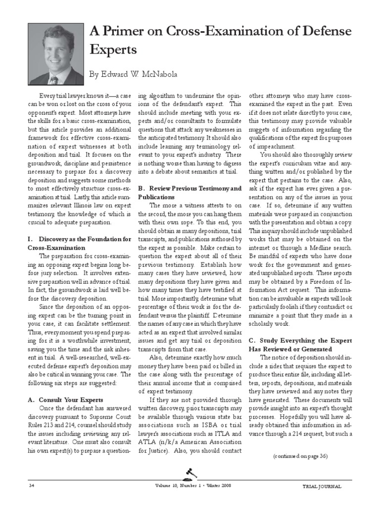 A Primer On Cross-Examination of Defense Experts PDF | PDF | Deposition ...