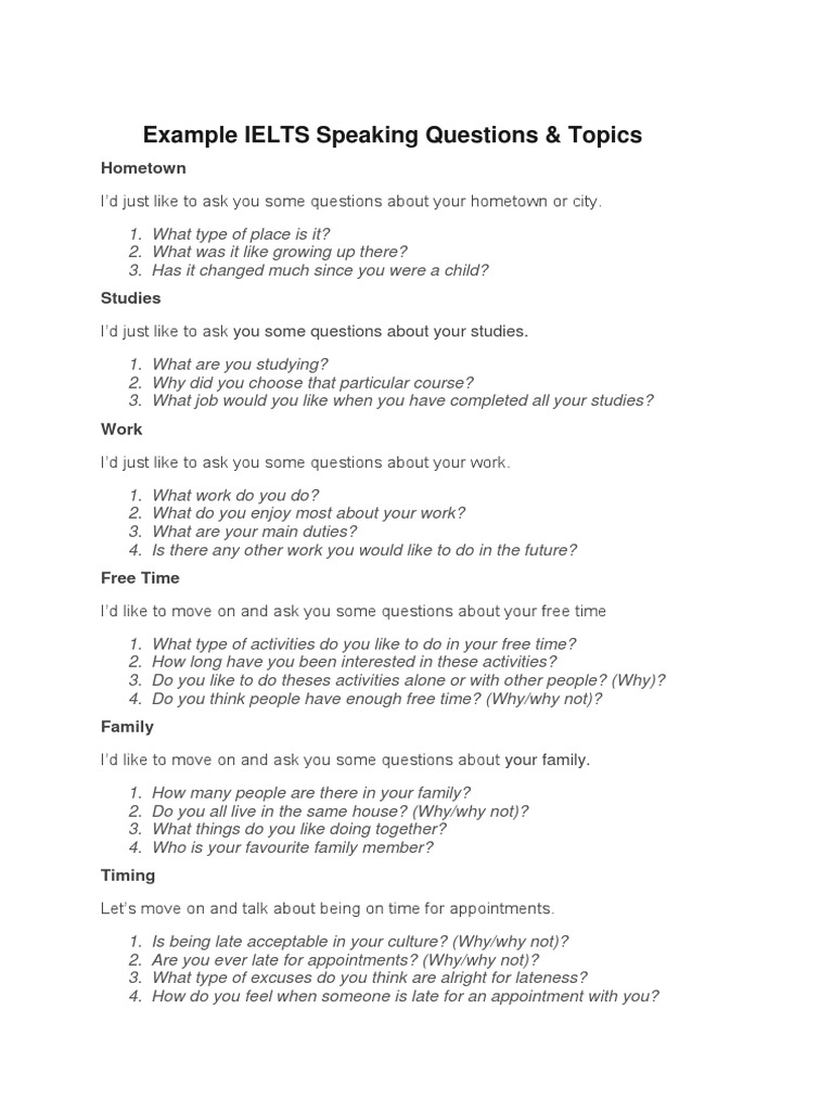 IELTS Speaking Sample Questions Guide | PDF | International English ...