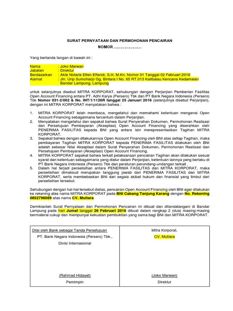 Contoh Surat Pernyataan SCF CV - Mutiara | PDF | Pengelolaan Keuangan ...