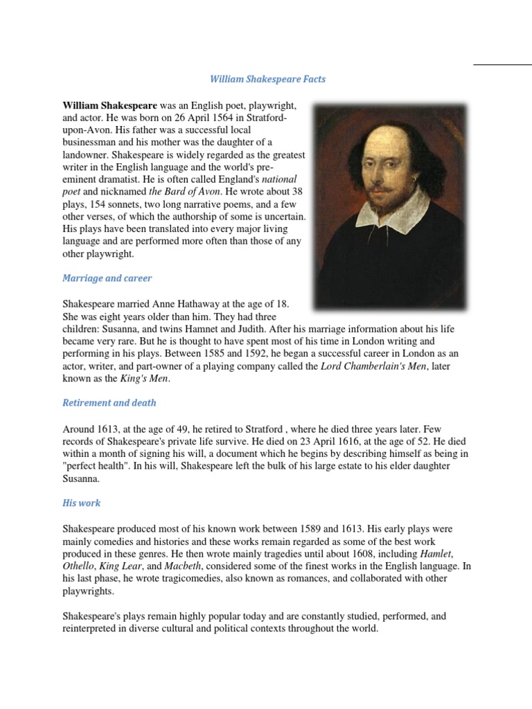 William Shakespeare Facts | Download Free PDF | William Shakespeare ...