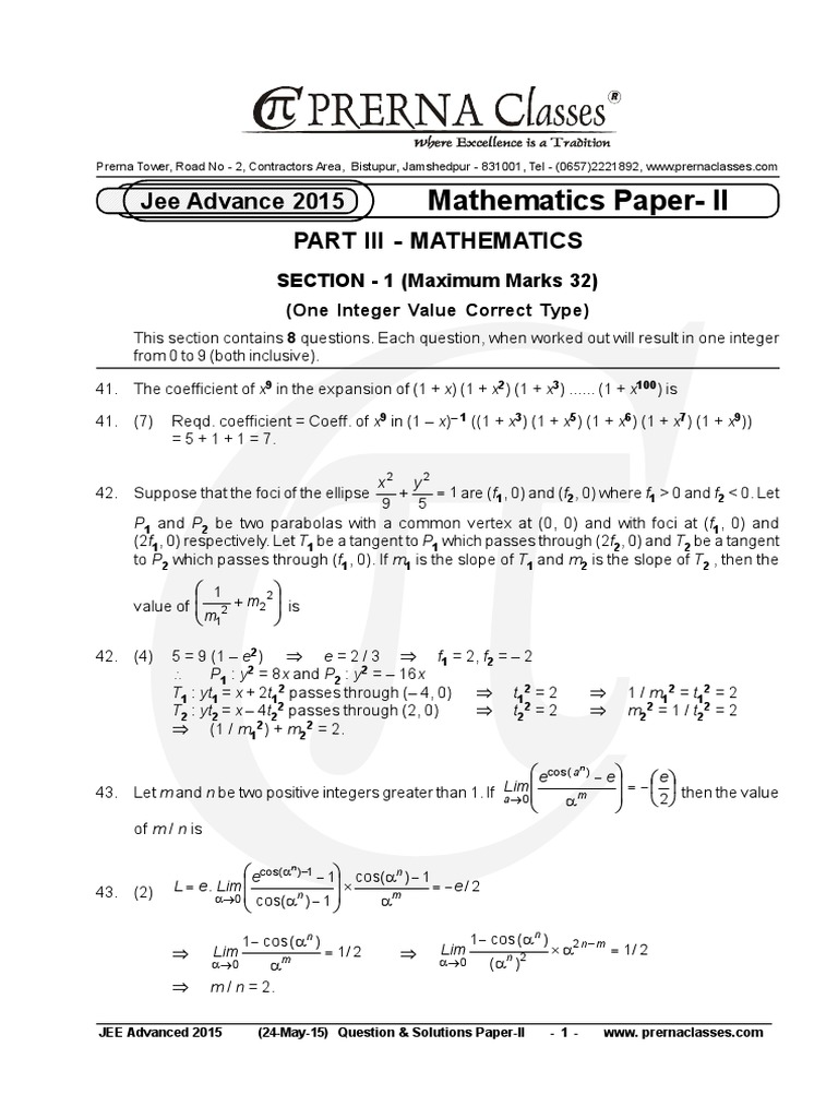 Jee Advanced 2015 Math IIQuestions Solutions | PDF | Geometry ...