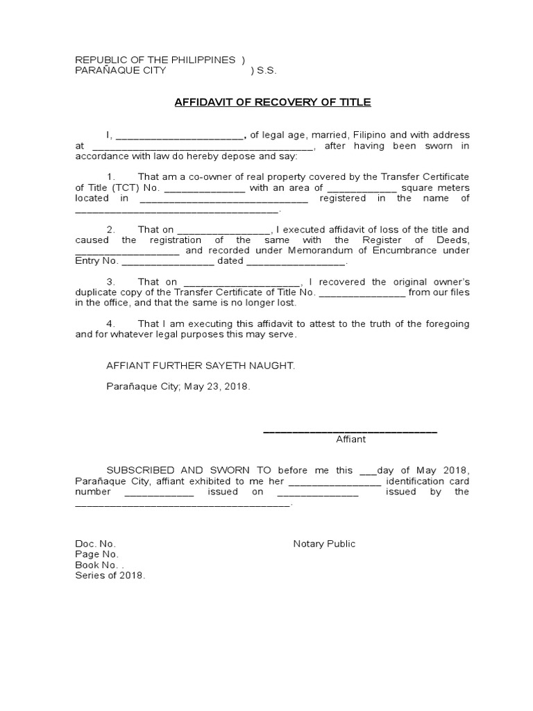 Affidavit of Recovery of Title | PDF | Social Science | Law