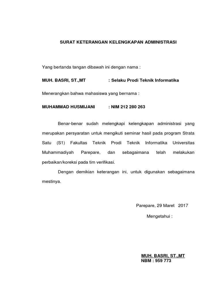 Surat Keterangan Kelengkapan Administrasi | PDF