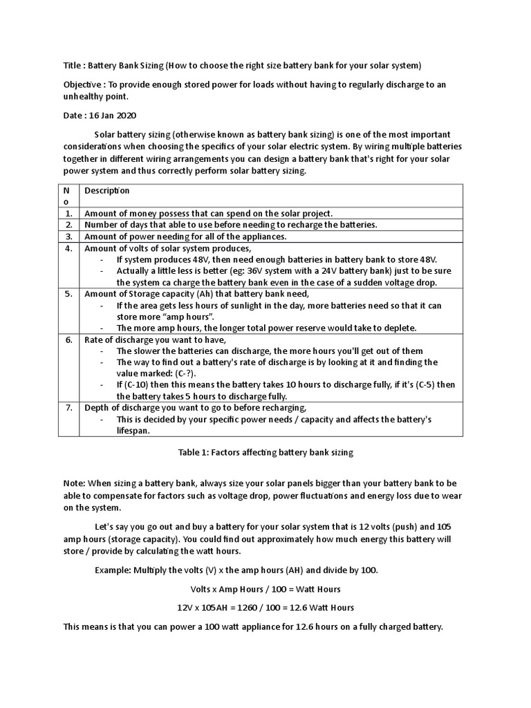 Battery Bank Sizing | PDF | Rechargeable Battery | Kilowatt Hour