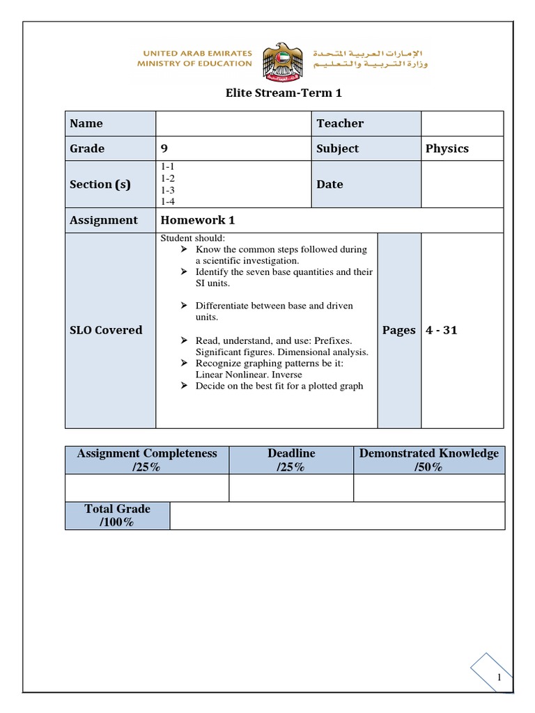 Grade 9 Physics HW 1 T1 | PDF | International System Of Units | Measurement