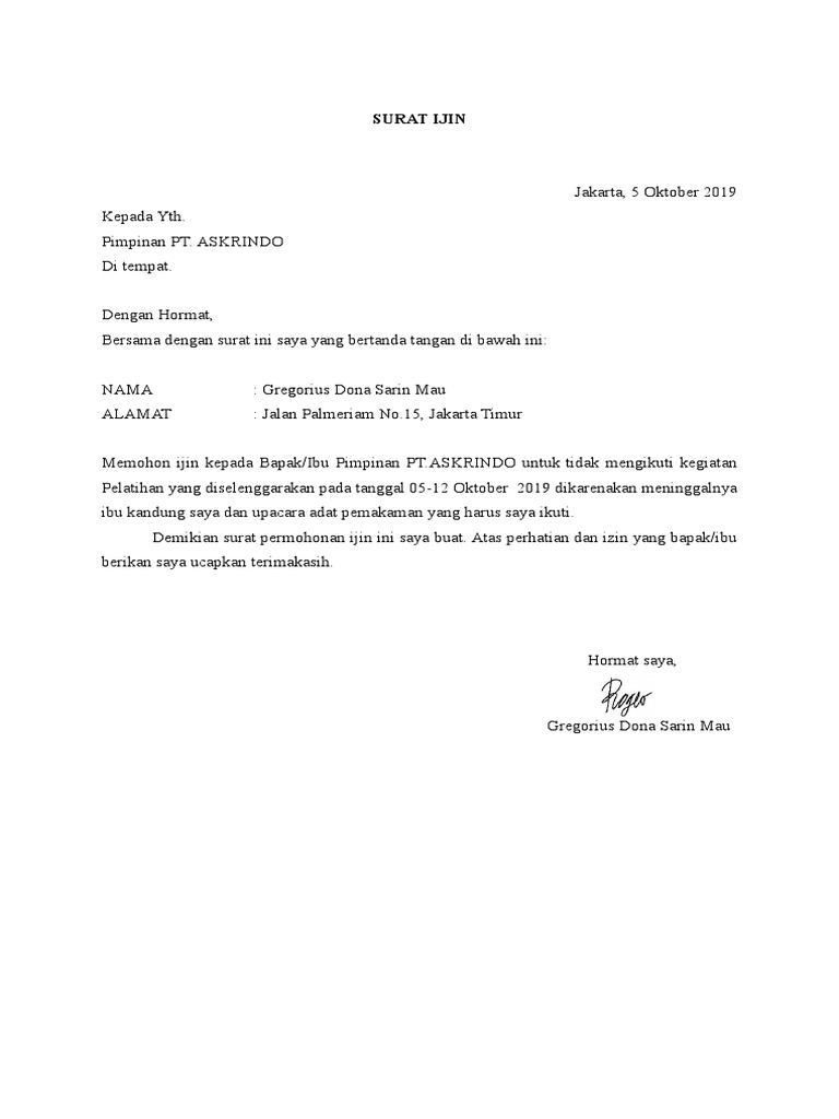 Surat Ijin Tidak Mengikuti Kegiatan | PDF