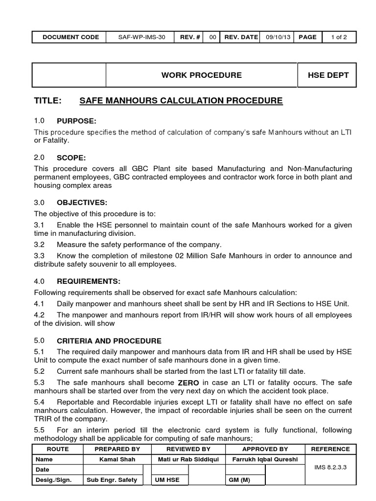 Safe Manhours Calculation Procedure | PDF | Business | Teaching Mathematics