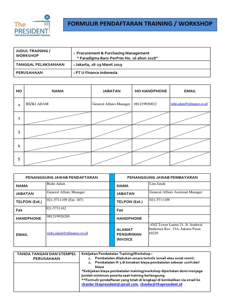 Formulir Pendaftaran Training-Workshop-Rizki Adam | PDF