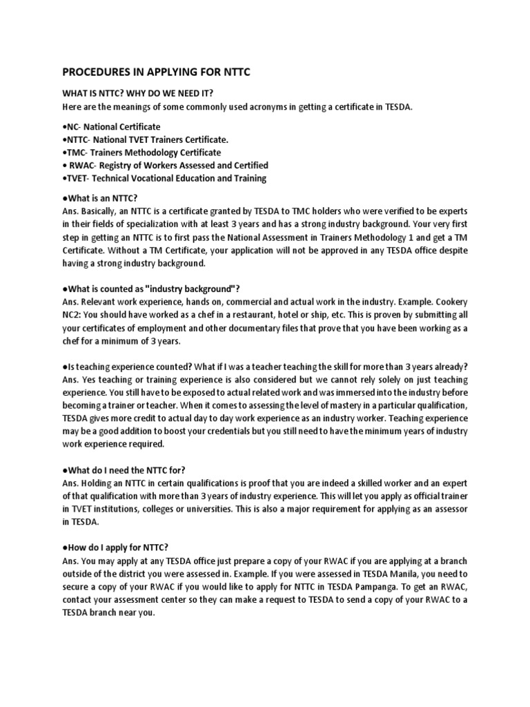 Procedures in Applying For NTTC | PDF | Vocational Education | Employment