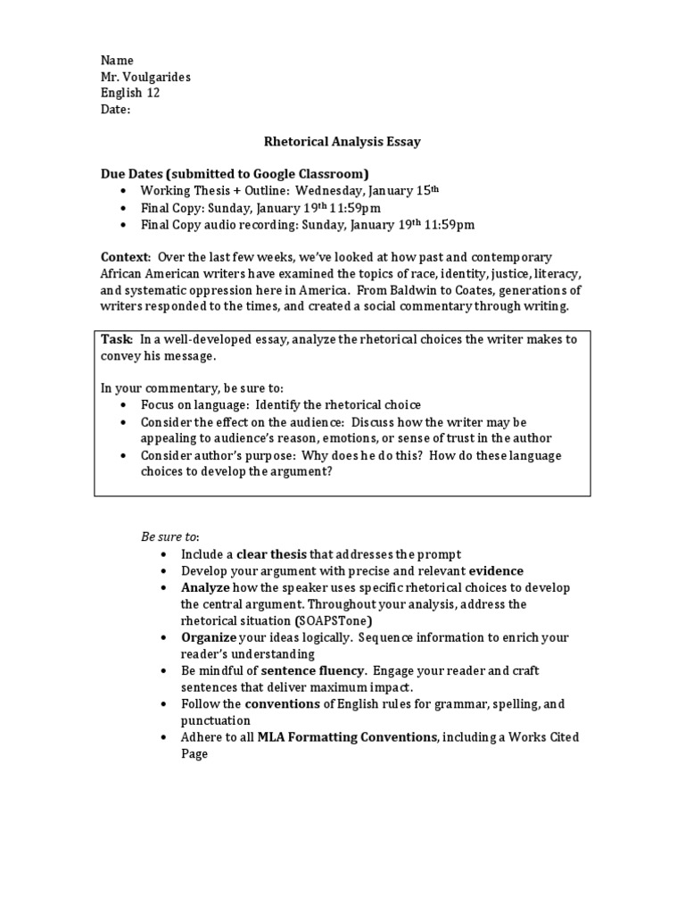 Task Sheet - Rhetorical Analysis Essay - AP - 2020 | PDF | Rhetoric ...