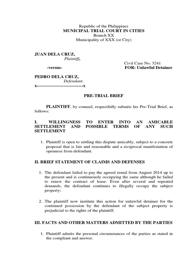 Sample Pre-Trial Brief For UNLAWFUL DETAINER | PDF | Lawsuit | Government