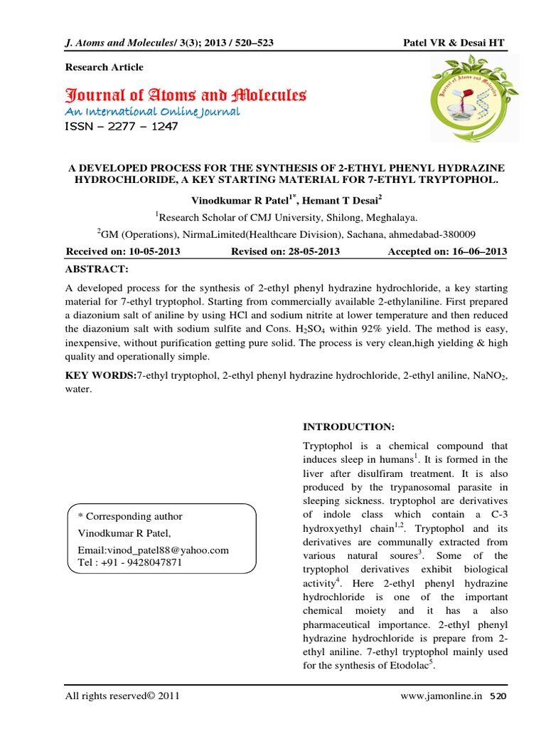 A Developed Process For The Synthesis of 2 Ethyl Phenyl Hydrazine ...