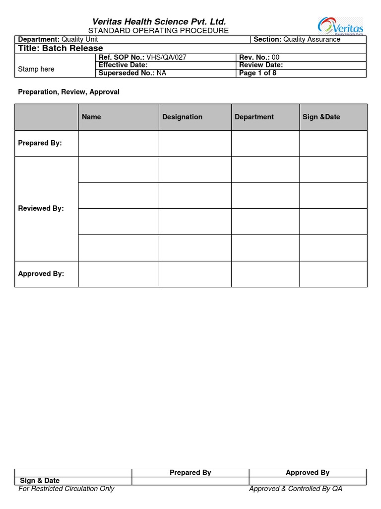 Batch Release (VHS QA 027 R0) | PDF | Quality Assurance | Verification ...