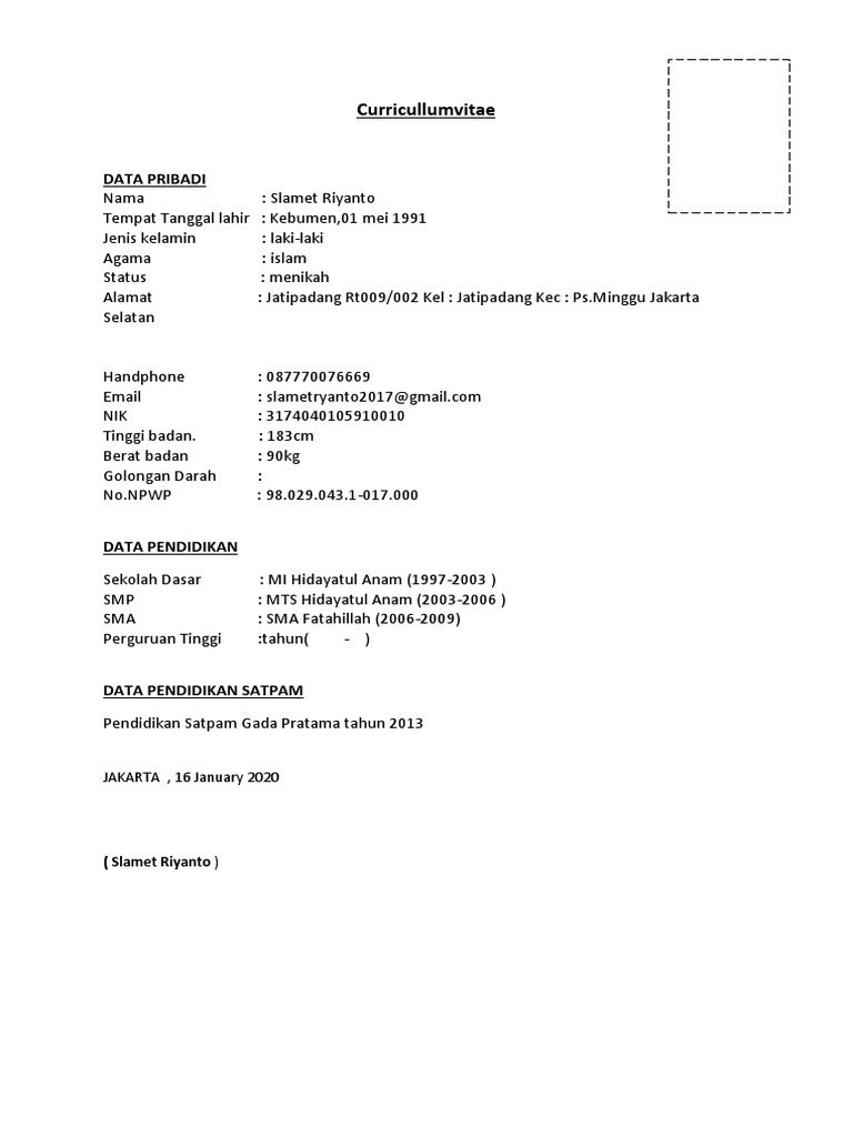 CV Slamet Riyanto: Data Pribadi & Pendidikan | PDF | Gaya Hidup
