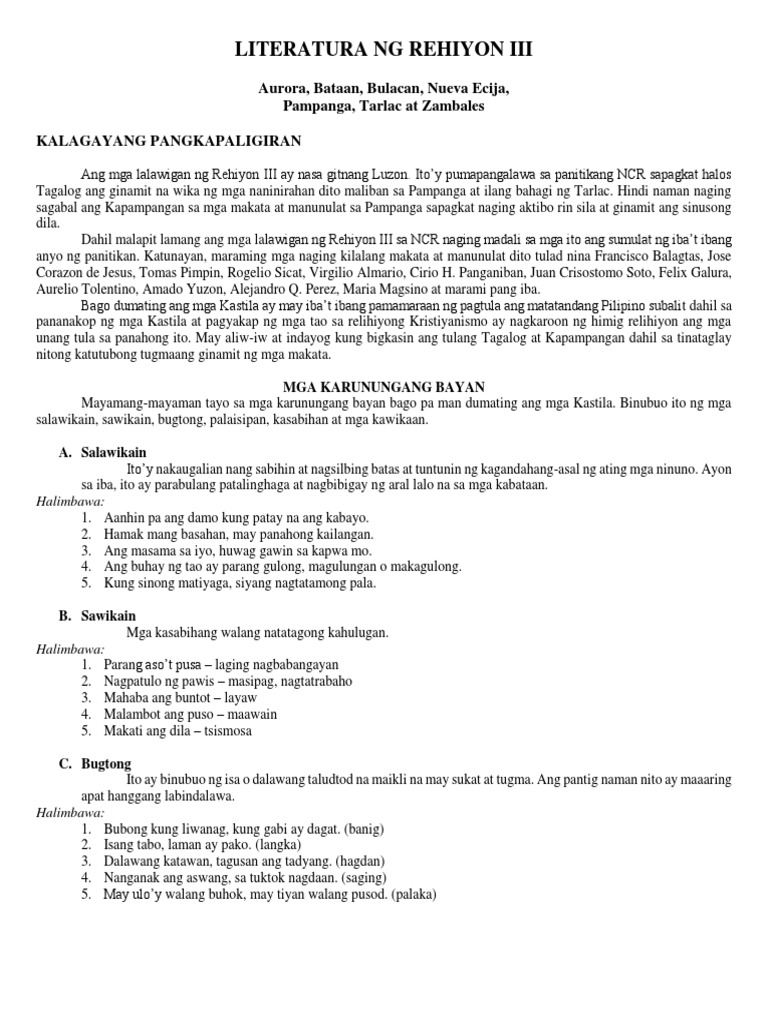 LITERATURA NG REHIYON III Lecture | PDF