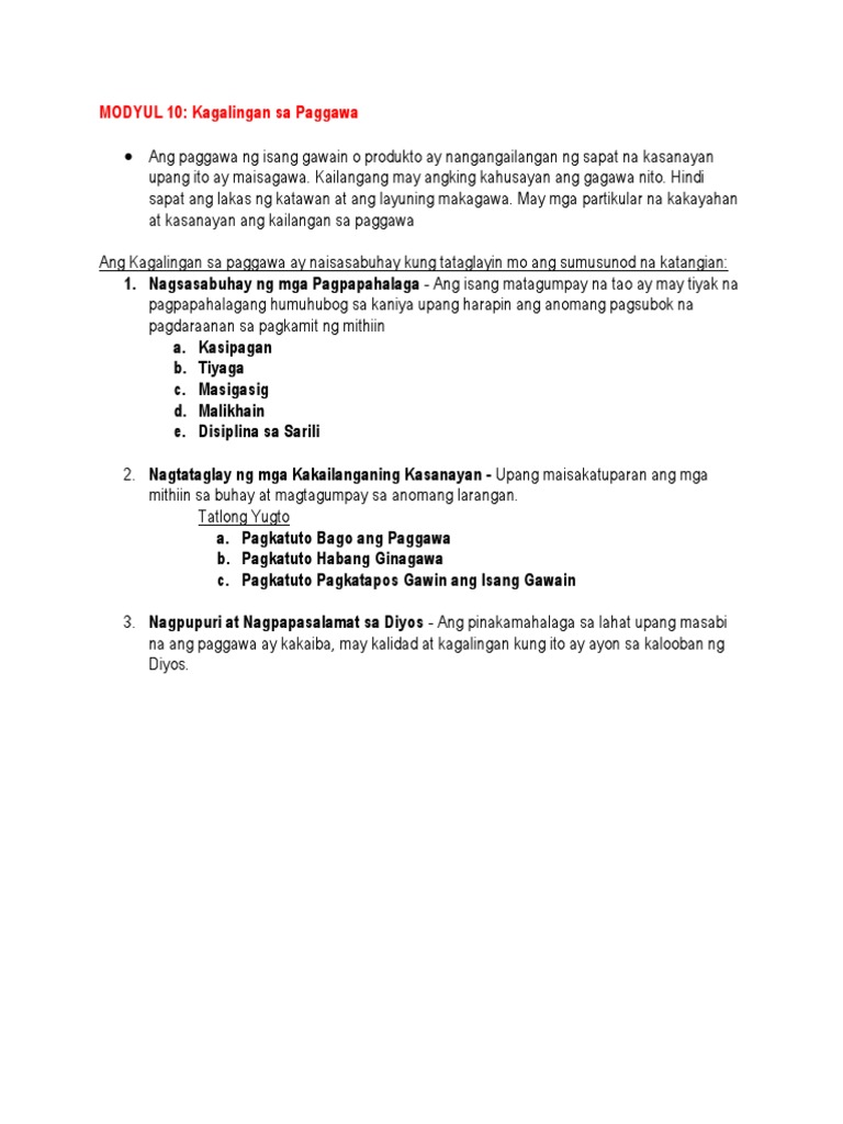 Modyul 10 Kagalingan Sa Paggawa | PDF