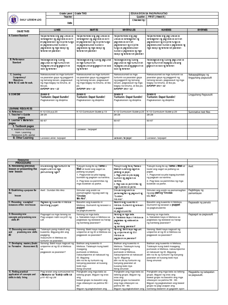 Week 8 DLL Grade 2 WITH REFLECTION Quarter 1 | PDF