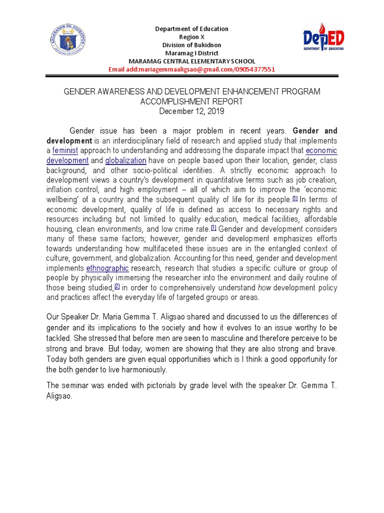 Accomplishment Report Inset | PDF | Gender And Development | Gender