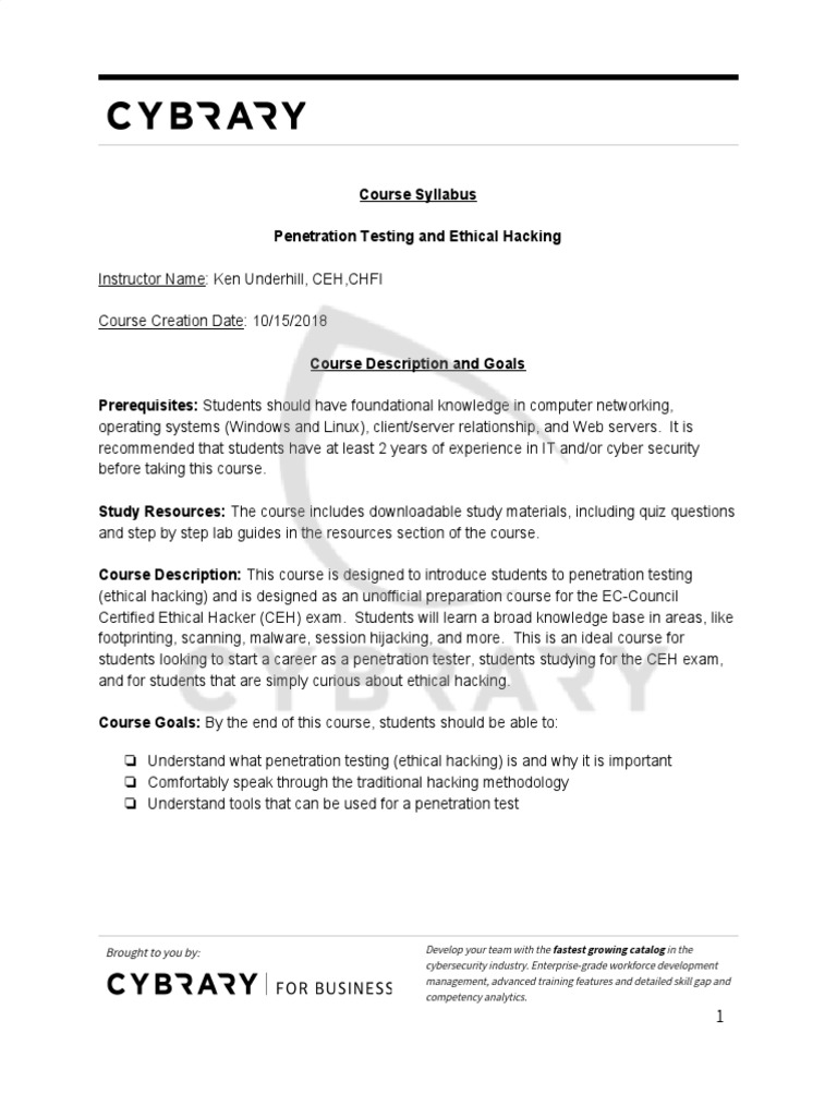 1-Penetration Testing and Ethical Hacking Syllabus and Outline 1 ... 1-Penetration Testing and Ethical Hacking Syllabus and Outline 1 ...