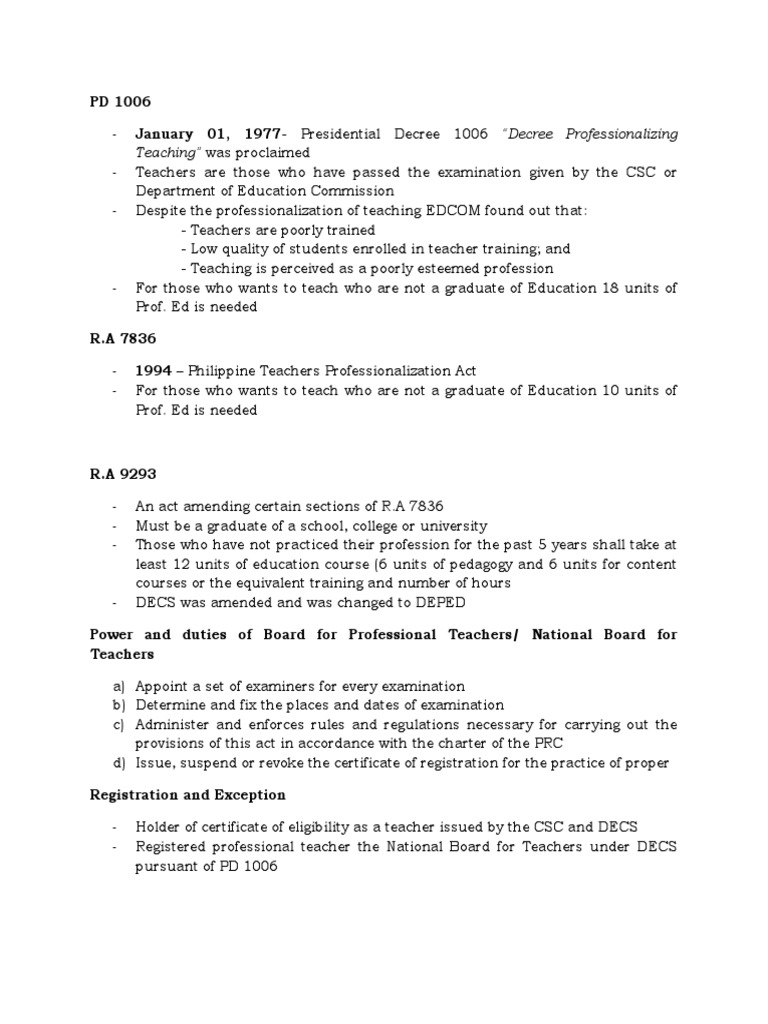 pd1006, Ra 7836, Ra 9293 | Teachers | Licensure