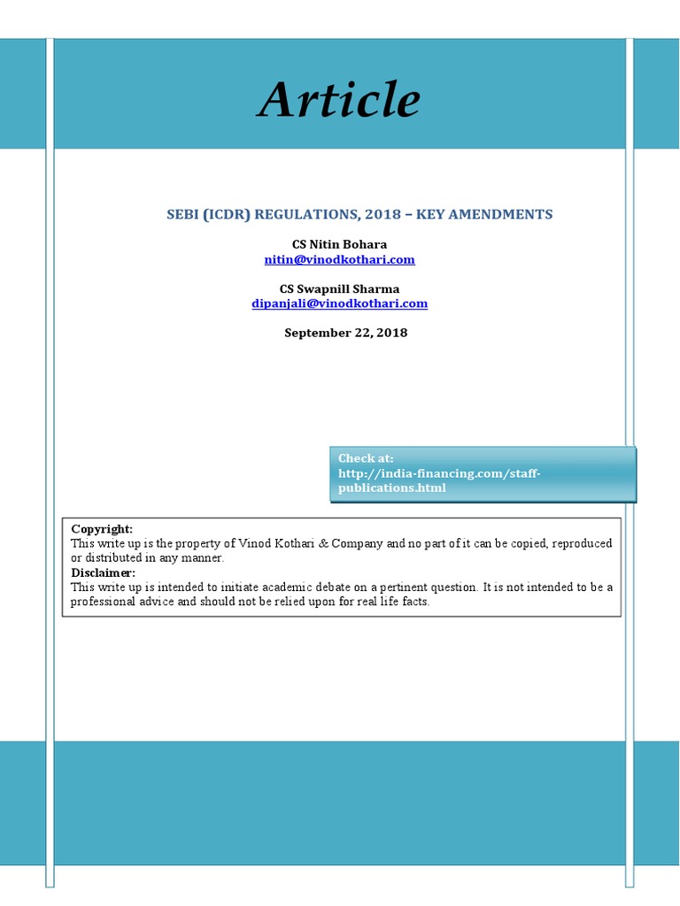 SEBI ICDR Regulations 2018 Key Amendments 1 | PDF | Securities (Finance ... SEBI ICDR Regulations 2018 Key Amendments 1 | PDF | Securities (Finance ...