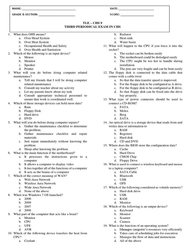 3rd Quarter CHS 9 EXAM | PDF | Random Access Memory | Equipment