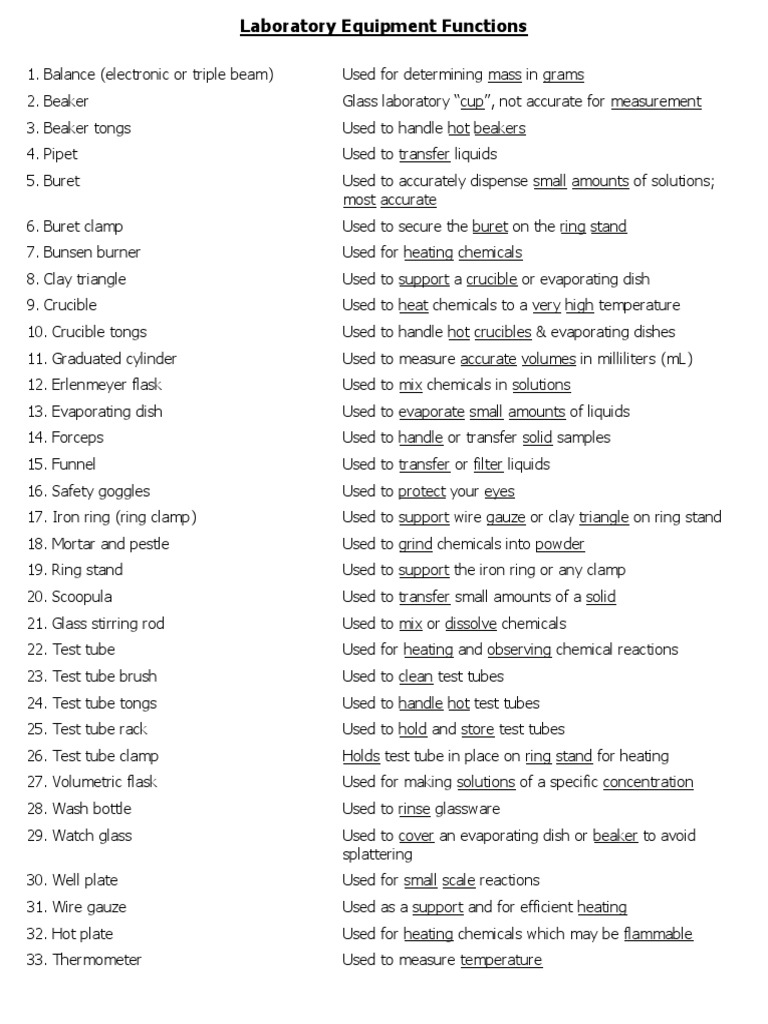 Laboratory Equipment Functions Guide | PDF | Laboratories | Laboratory ...