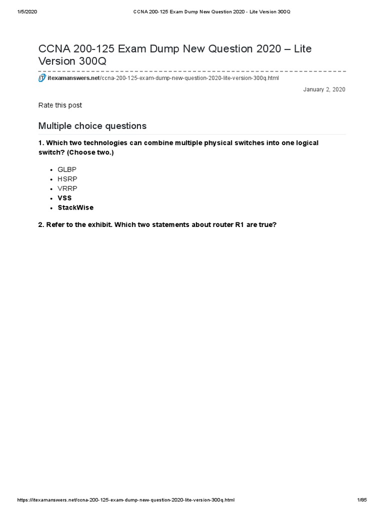 CCNA 200-125 Exam Dump New Question 2020 - Lite Version 300Q | PDF | I Pv6 | Ip Address