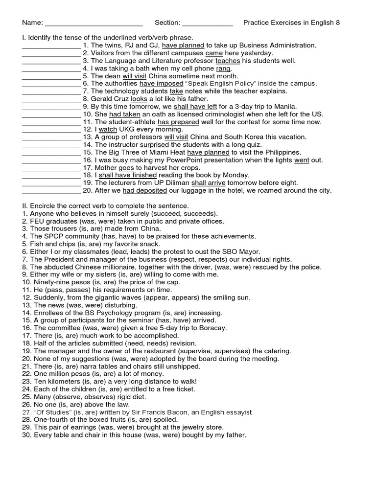 Practice Exercise For SVA and Tenses | PDF