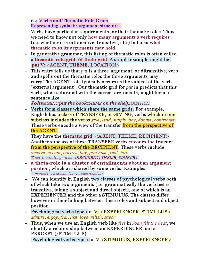 Verbs and Thematic Role Grids | PDF | Verb | Semantics